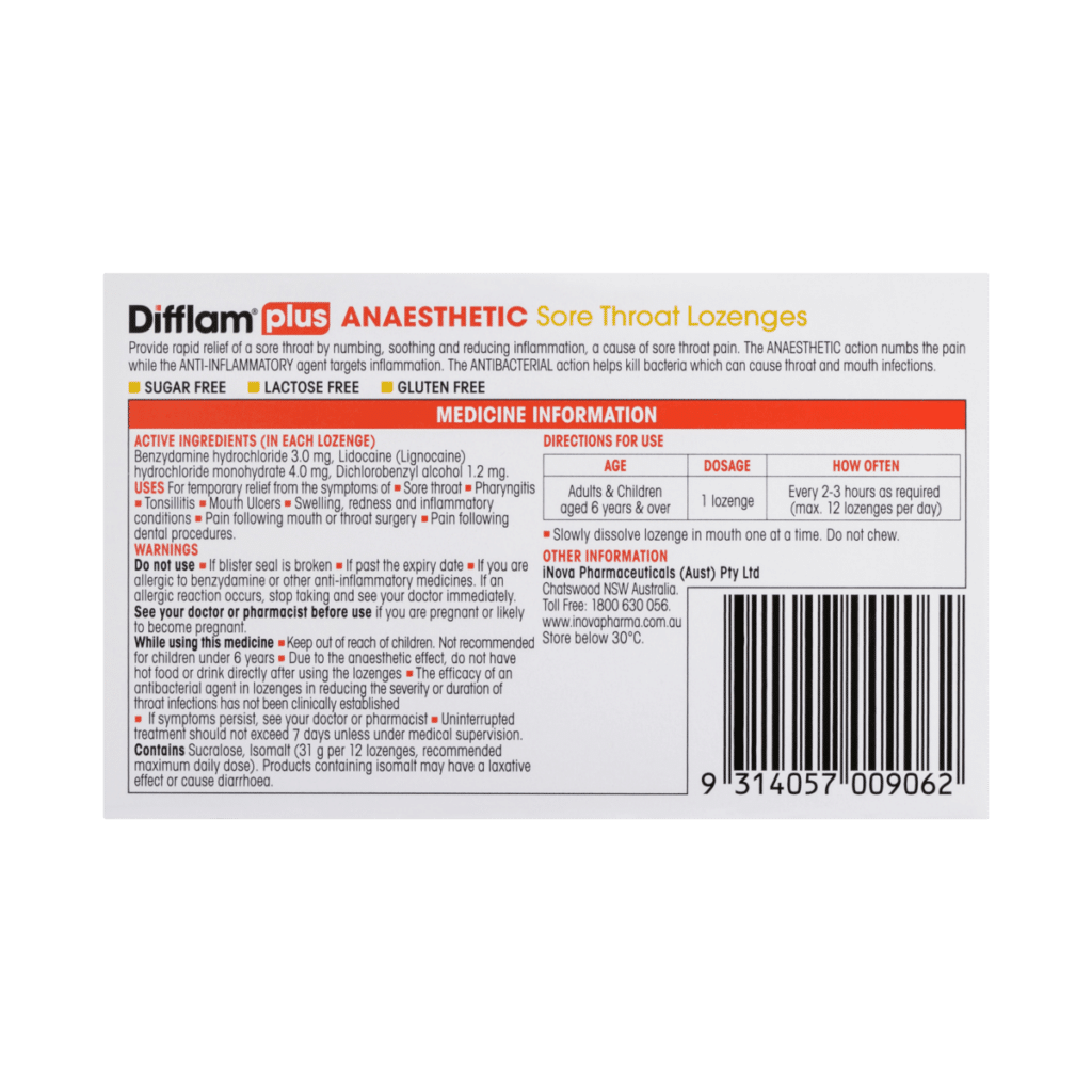 Difflam Plus Anaesthetic Sore Throat Lozenges Honey & Lemon Flavour ...